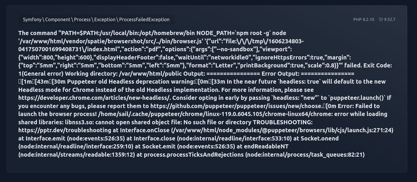 Instalar Browsershot y puppeteer 17 en laravel Sail (Docker)